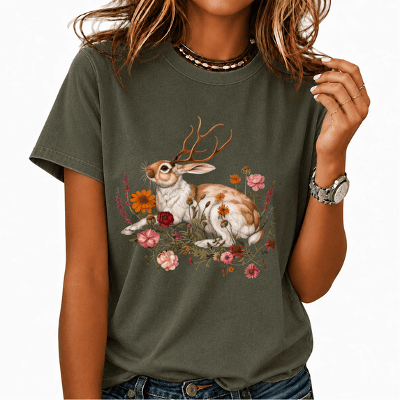 Cozymy Women's Fairy Tale Antlered Bunny Print Tops Crewneck Short ...