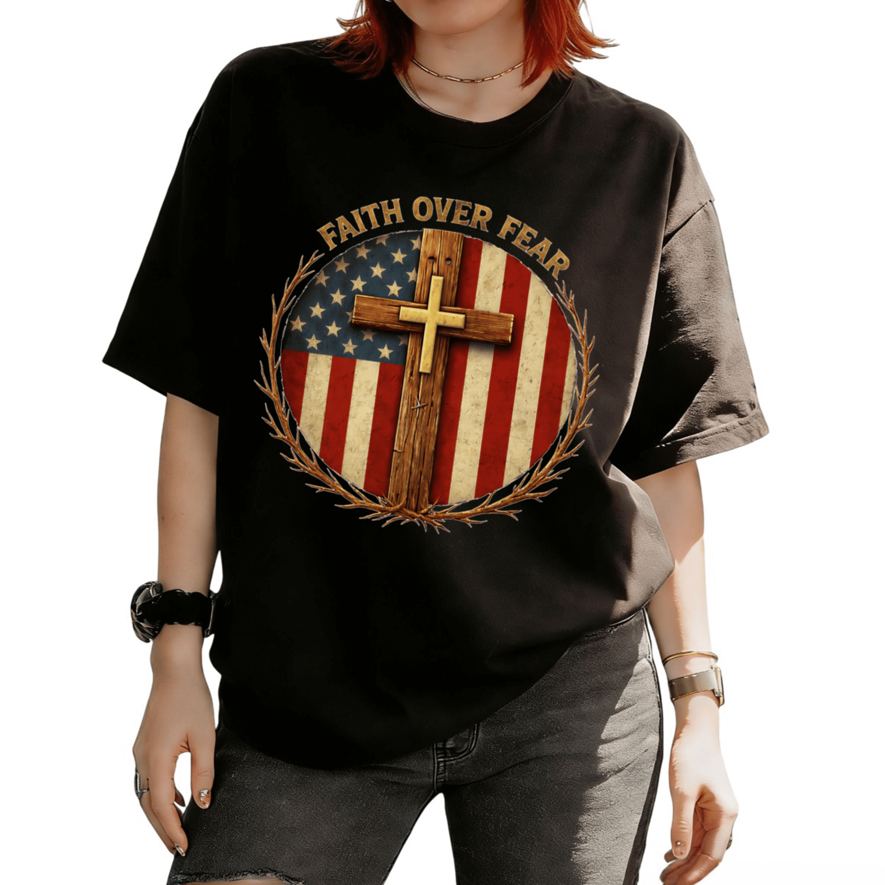 Cozymy Women's "Faith Over Fear" American Flag Cross Graphic Short ...