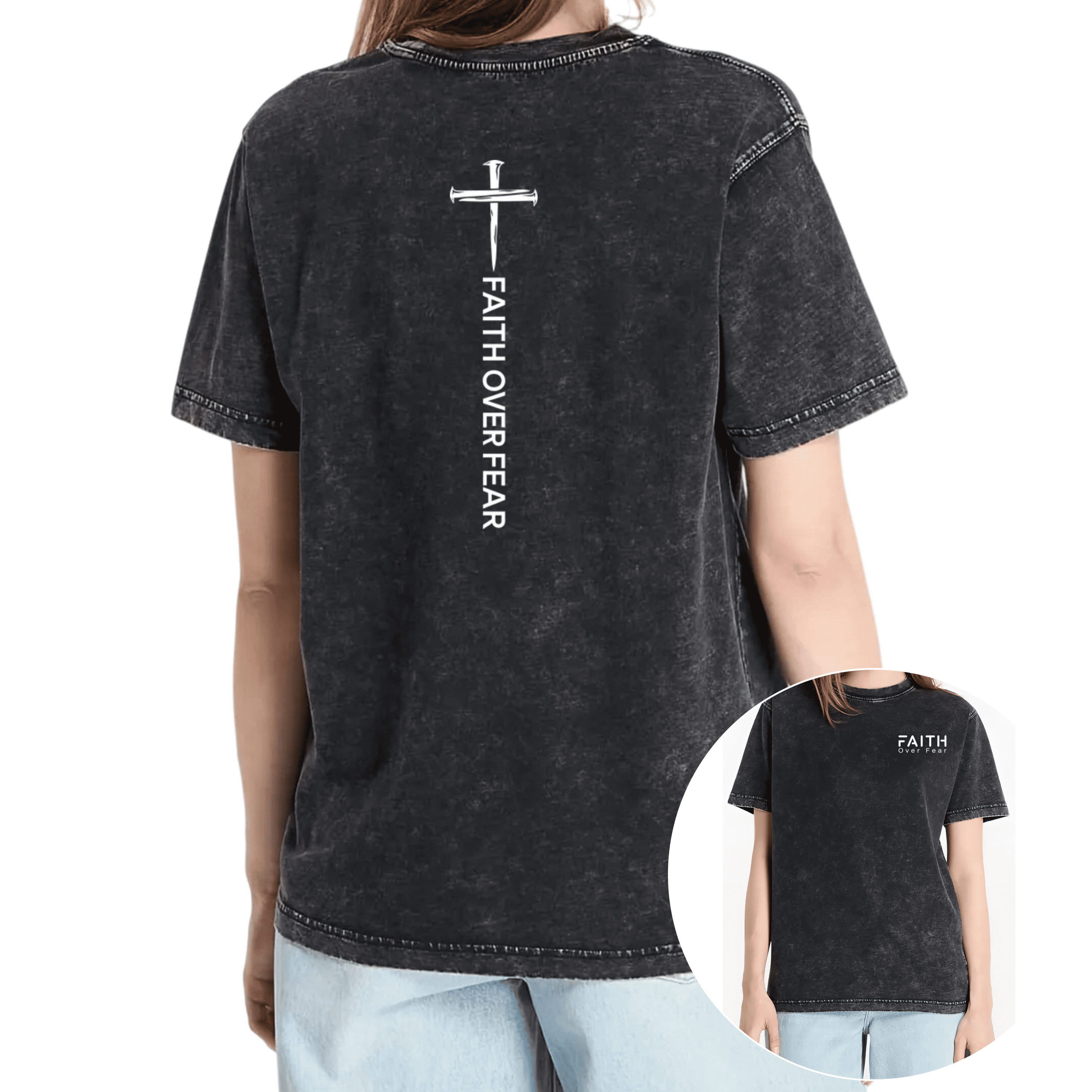 Cozymy Women's Faith Over Fear Nail Cross Print Vintage Washed Short ...