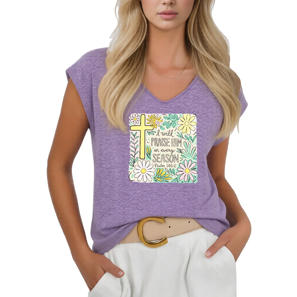 Cozymy Women's Floral Christian Cross V-Neck Sleeveless T-Shirt Praise ...