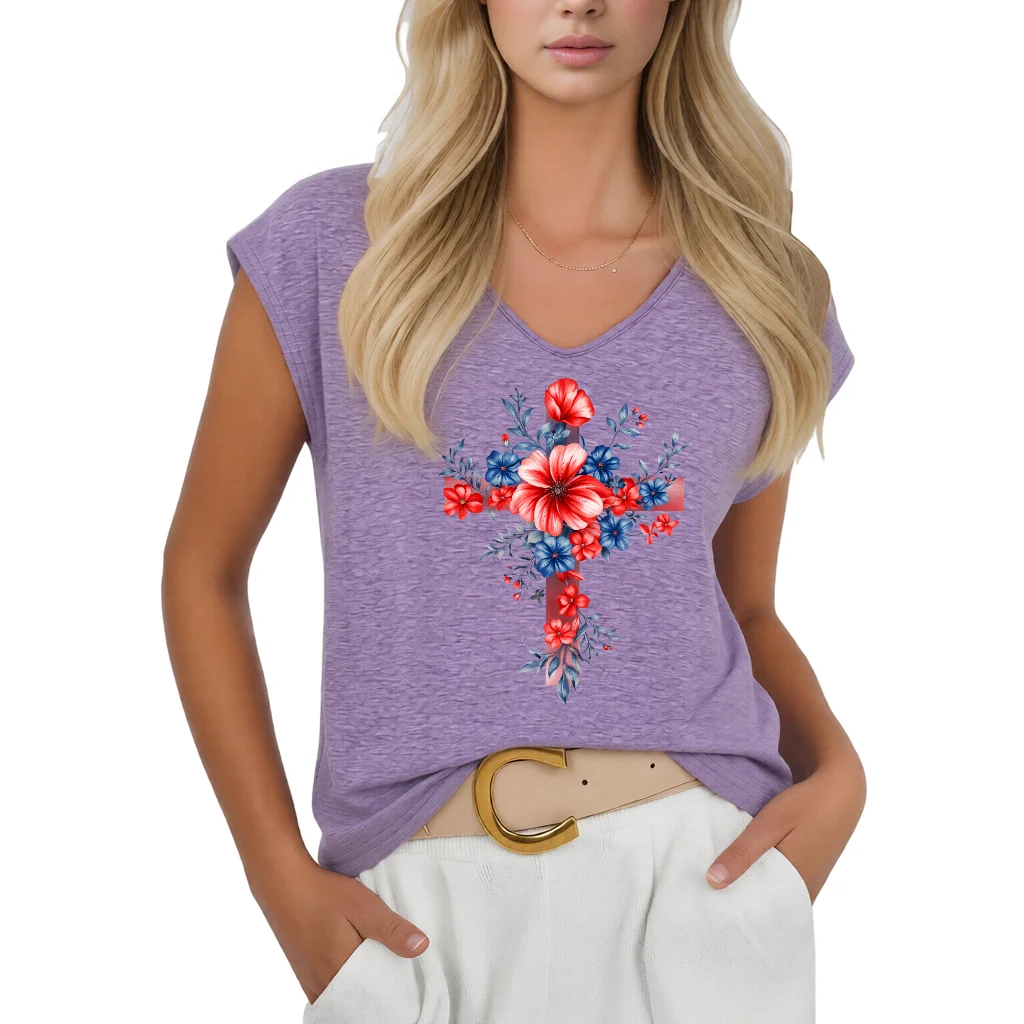 Cozymy Women's Floral Cross Patriotic Print V-Neck Sleeveless T-Shirt ...