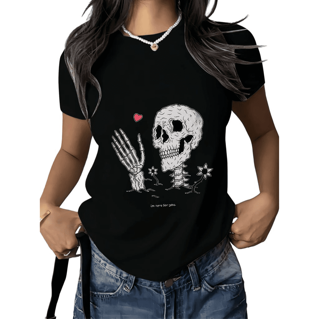 Cozymy Women's Gothic Skeleton Love Print Short Sleeve T-Shirt Cotton ...