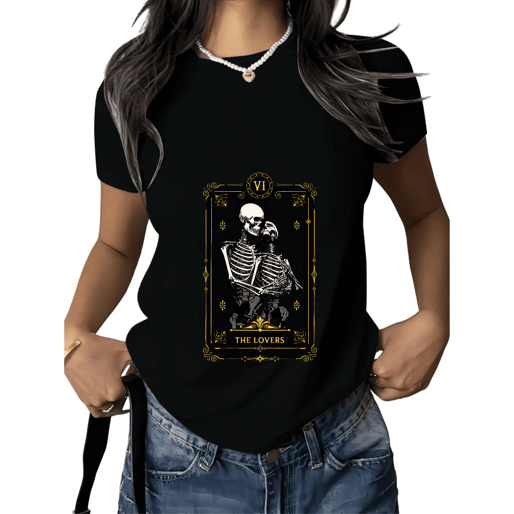 Cozymy Women's Gothic Skeleton Lovers Tarot Card Short Sleeve T-Shirt ...