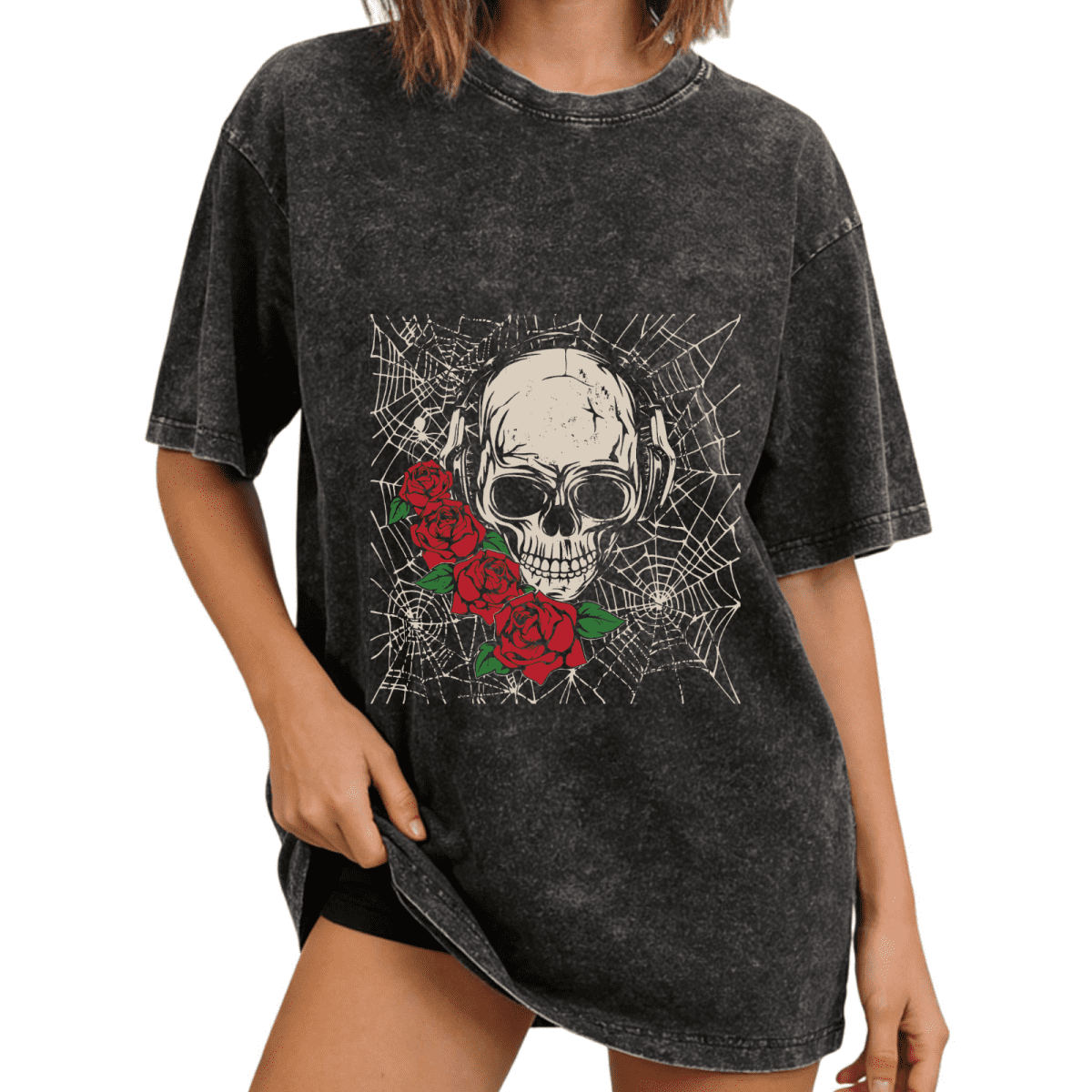 Cozymy Women's Gothic Skull with Roses and Cobwebs Vintage Washed T ...