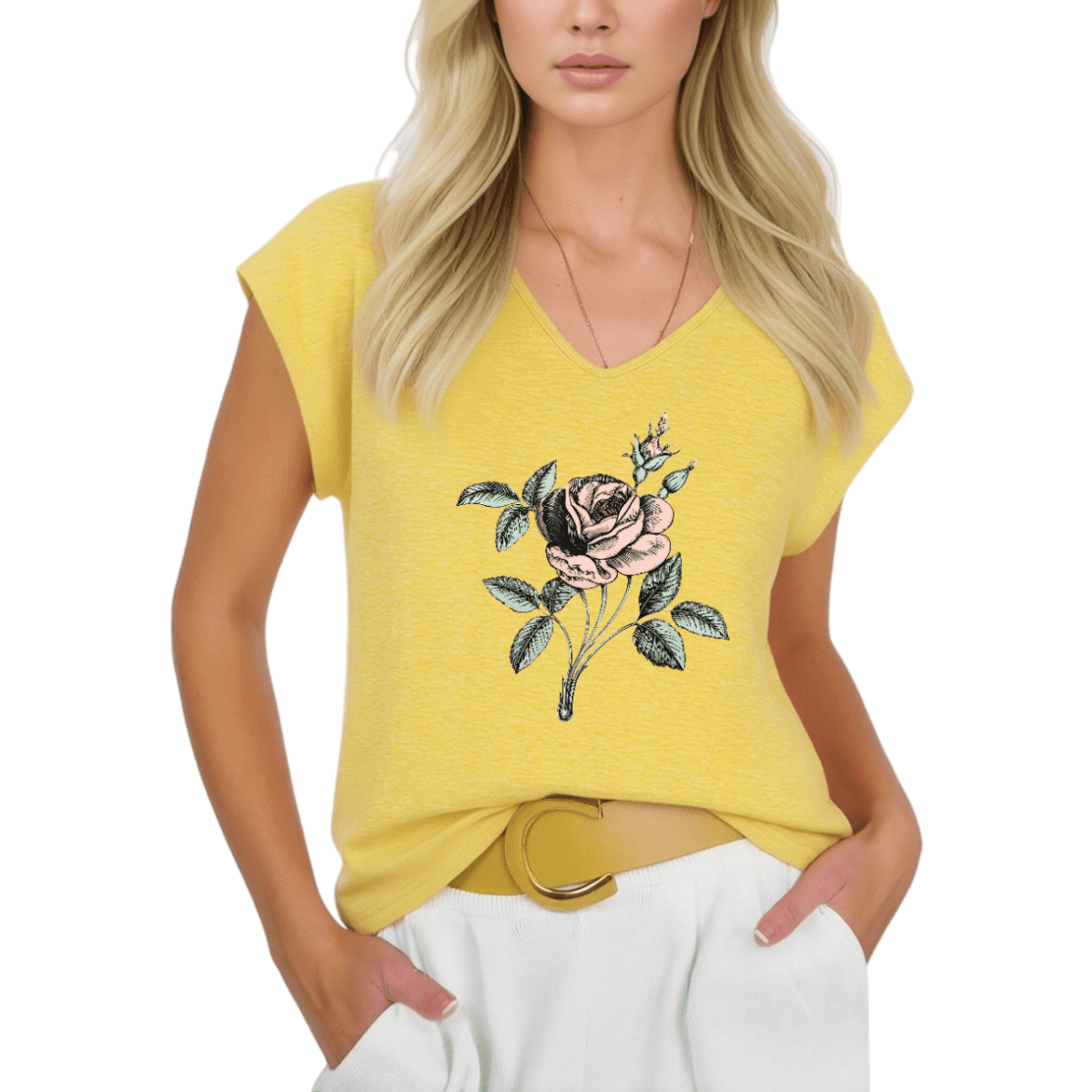 Cozymy Women's Hand Drawn Rose Botanical V-Neck Sleeveless Tee ...
