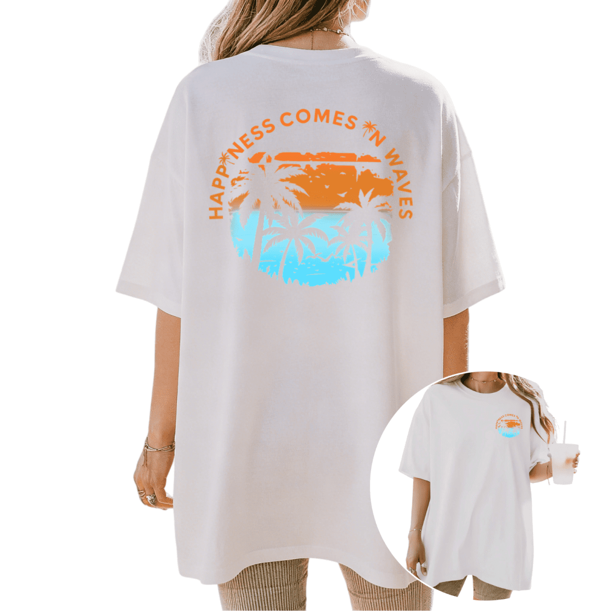 Cozymy Women's Happiness Comes In Waves Beach Palm Sunset Graphic Short ...