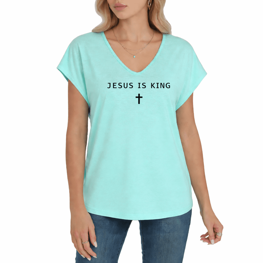 Cozymy Women's "Jesus Is King" Christian Cross Graphic V-Neck Short ...