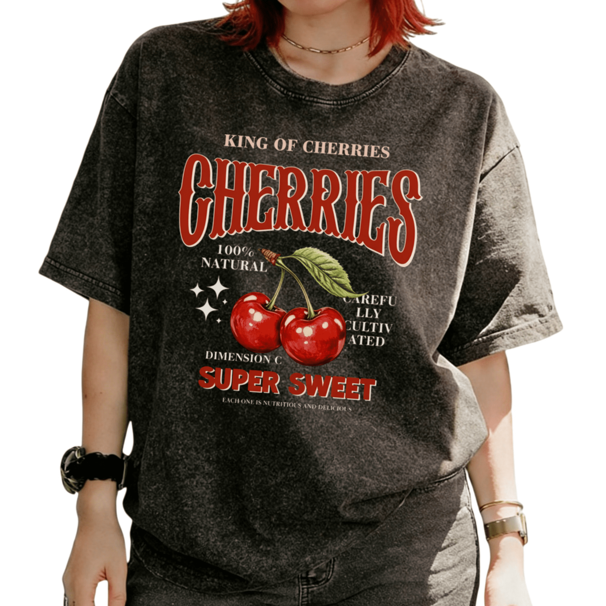 Cozymy Women's King Of Cherries Super Sweet Fruit Graphic Tops Washed ...