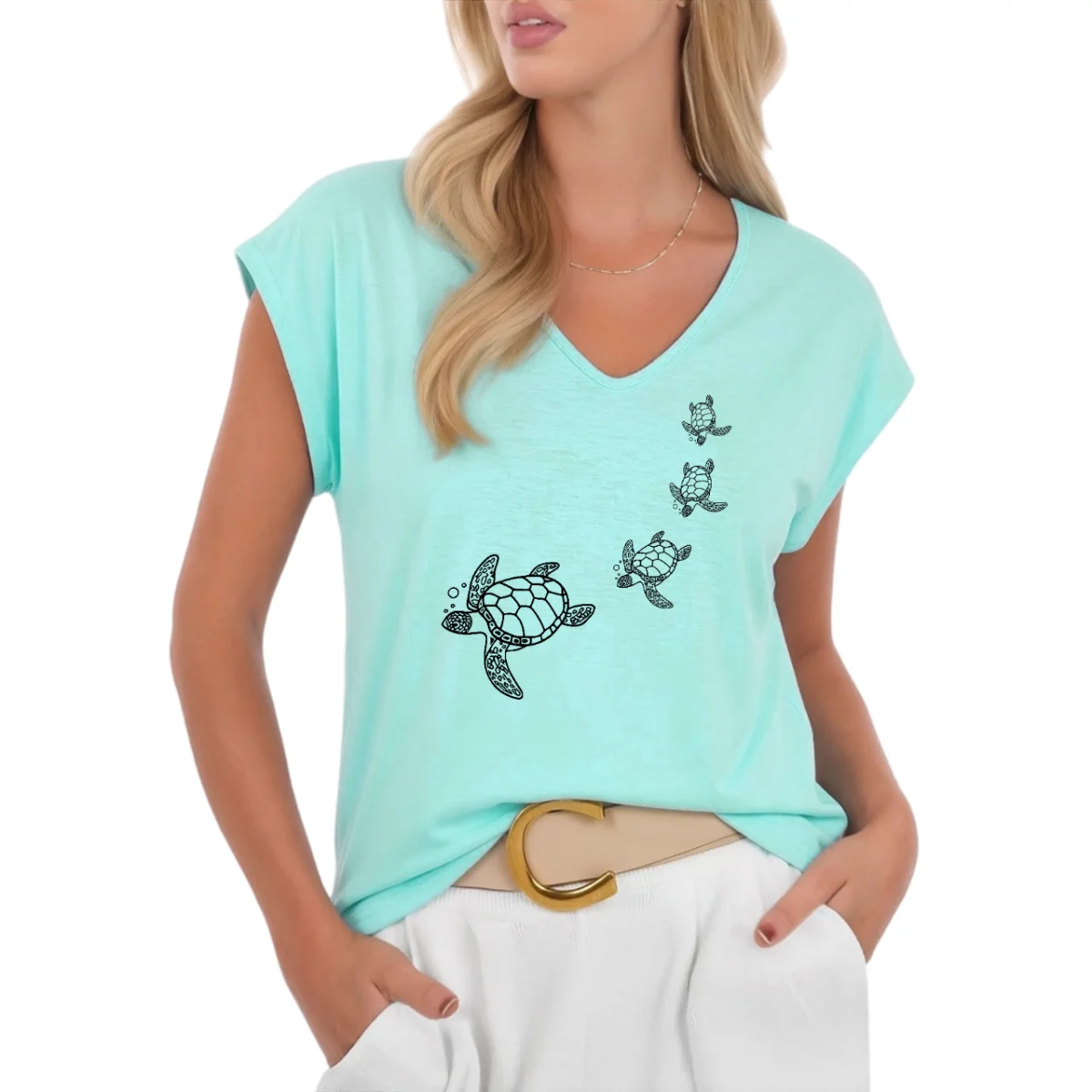 Cozymy Women's Line Art Sea Turtle V-Neck Sleeveless T-Shirt Casual ...