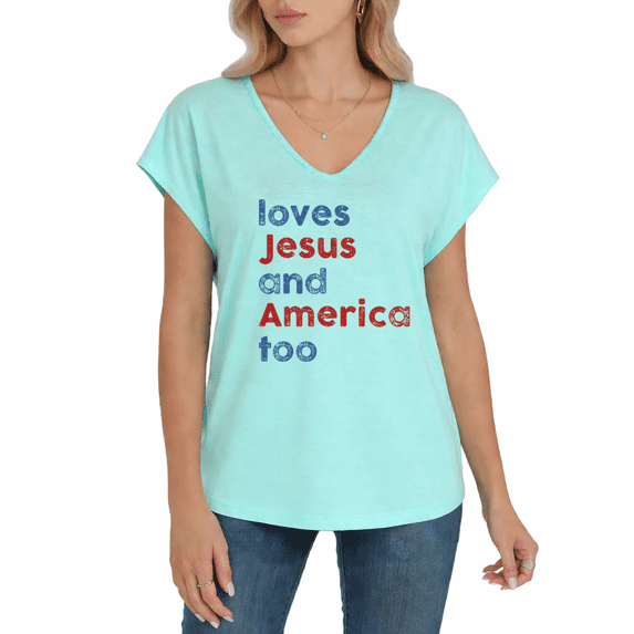 Cozymy Women's Loves Jesus and America Too Patriotic Graphic V-Neck ...