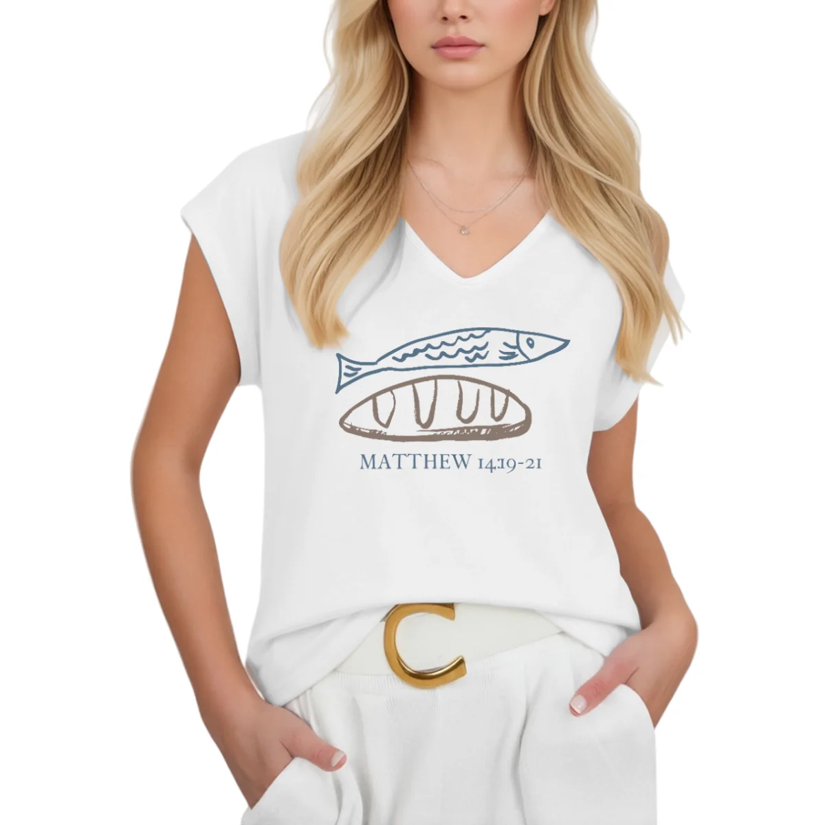 Cozymy Women's Matthew 14:19-21 Fish and Bread Print V-Neck Sleeveless ...
