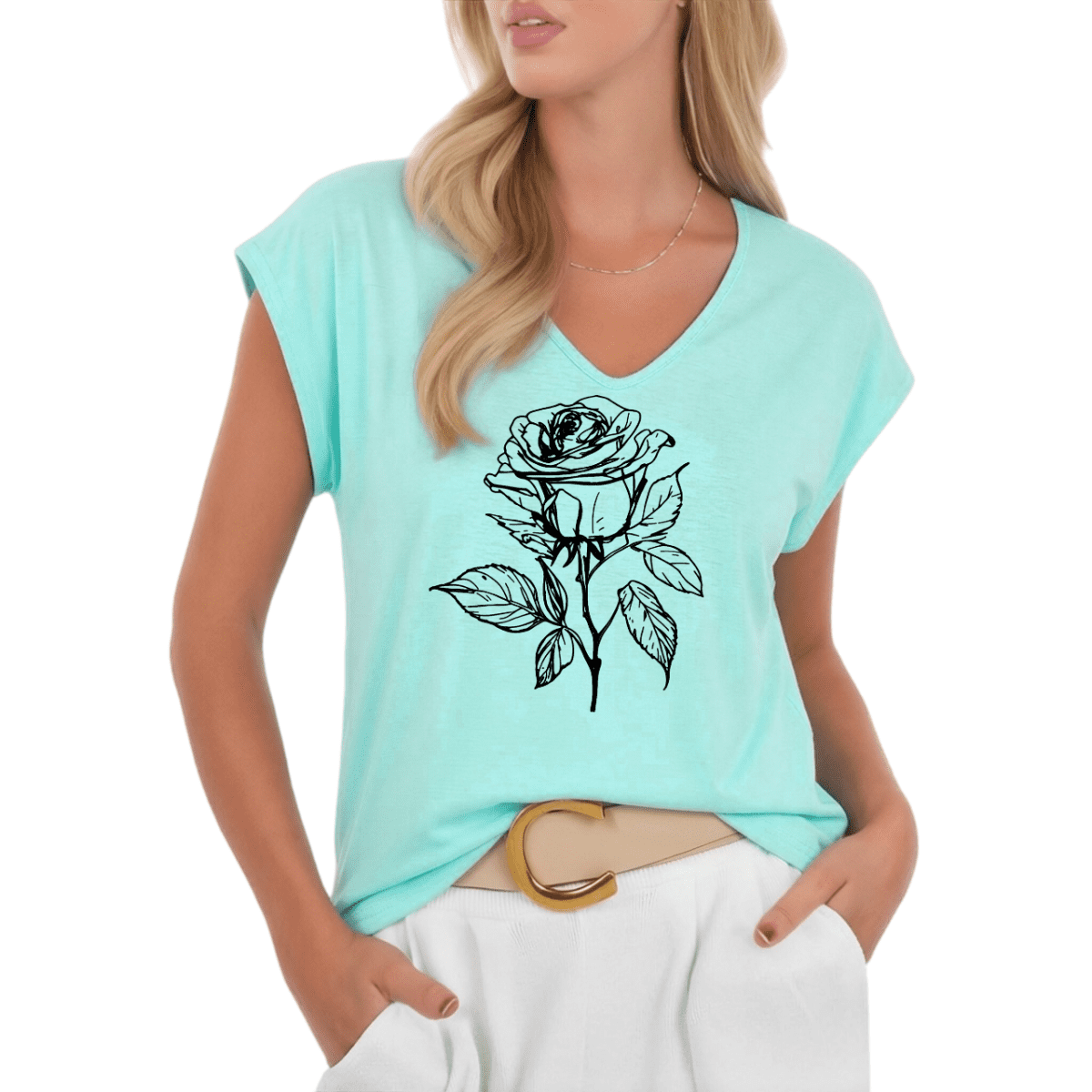 Cozymy Women's Minimalist Single Rose Graphic V-Neck Sleeveless T-Shirt ...