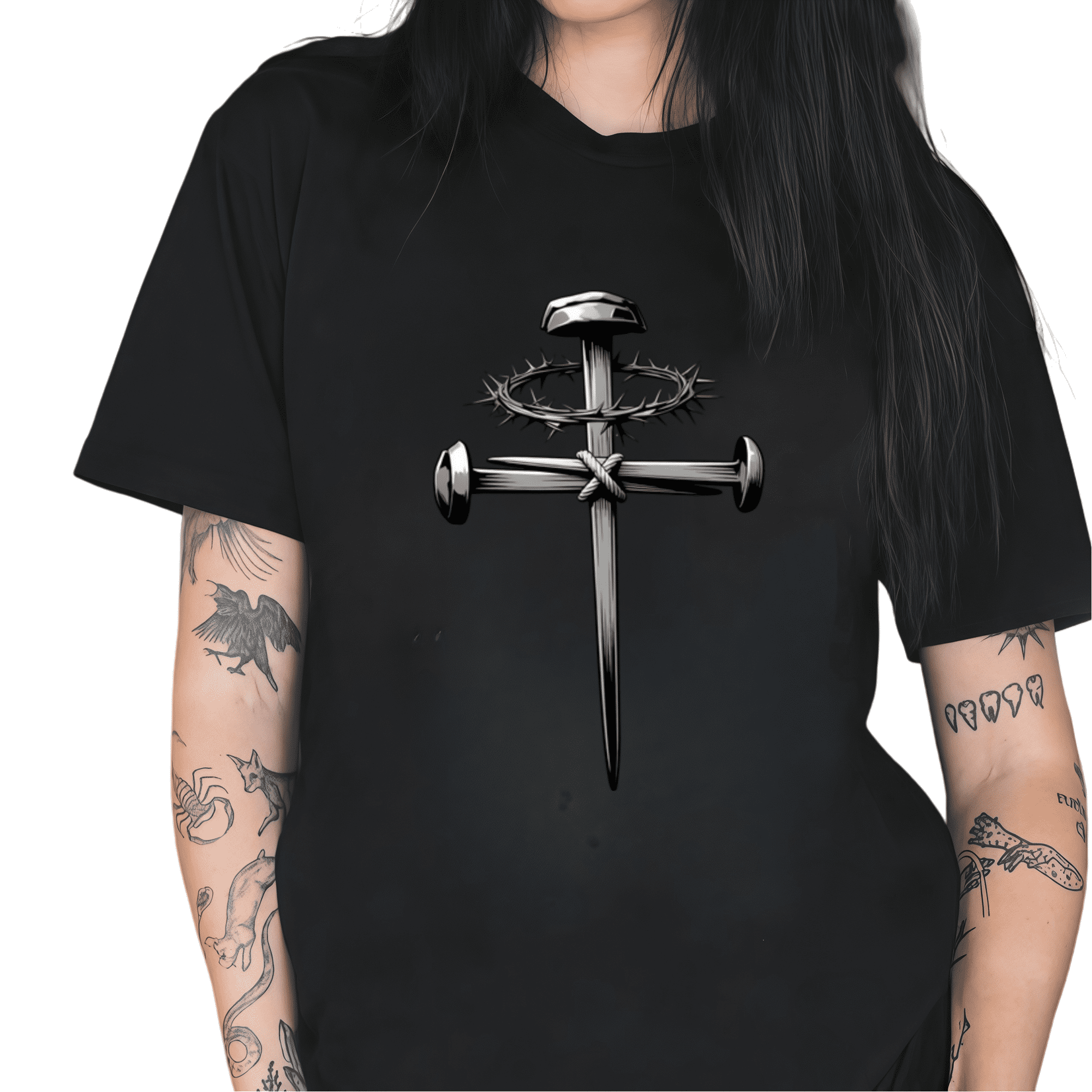 Cozymy Women's Nail Cross with Crown of Thorns Graphic Crewneck Short ...