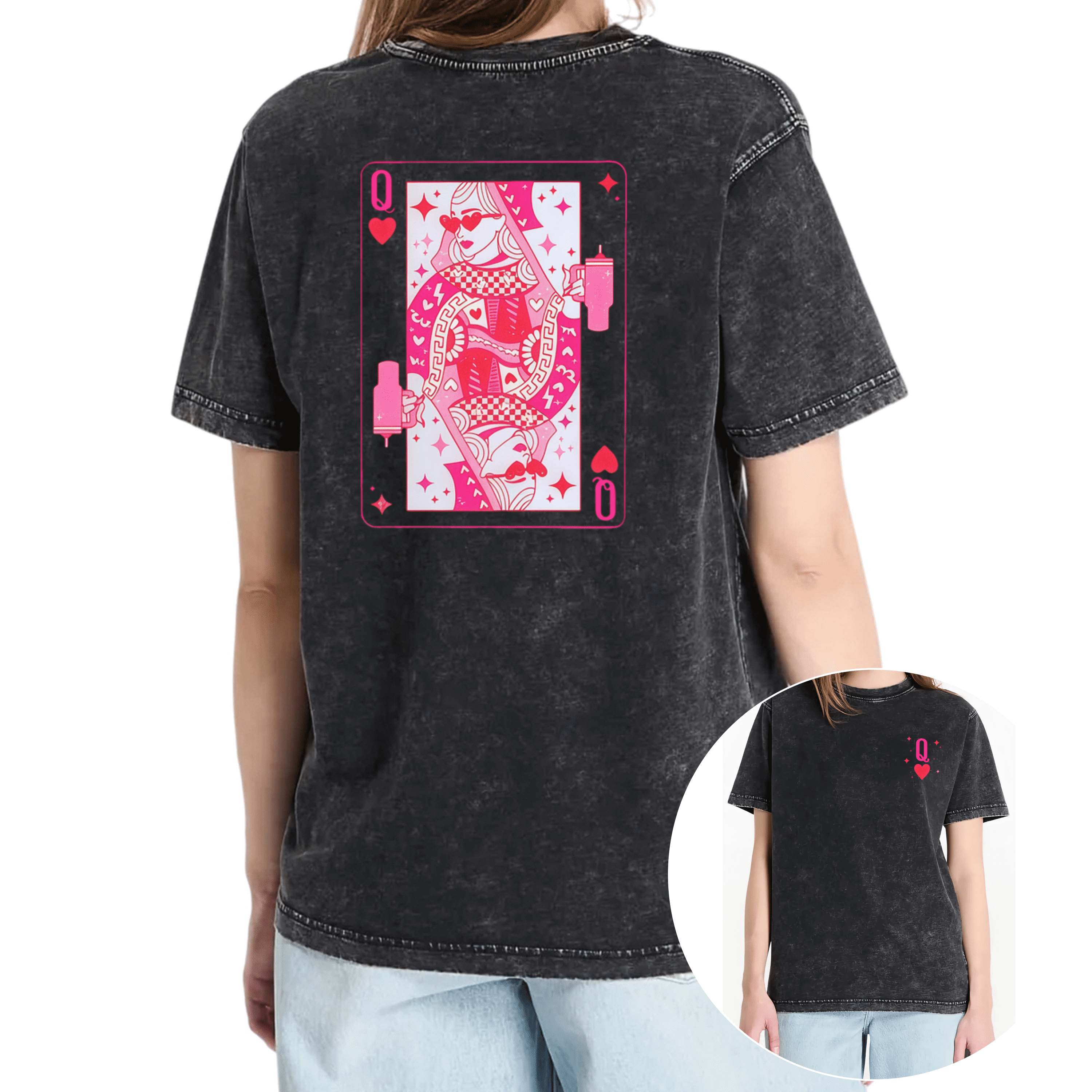 Cozymy Women's Pink Queen of Hearts Card Graphic Vintage Washed Short ...