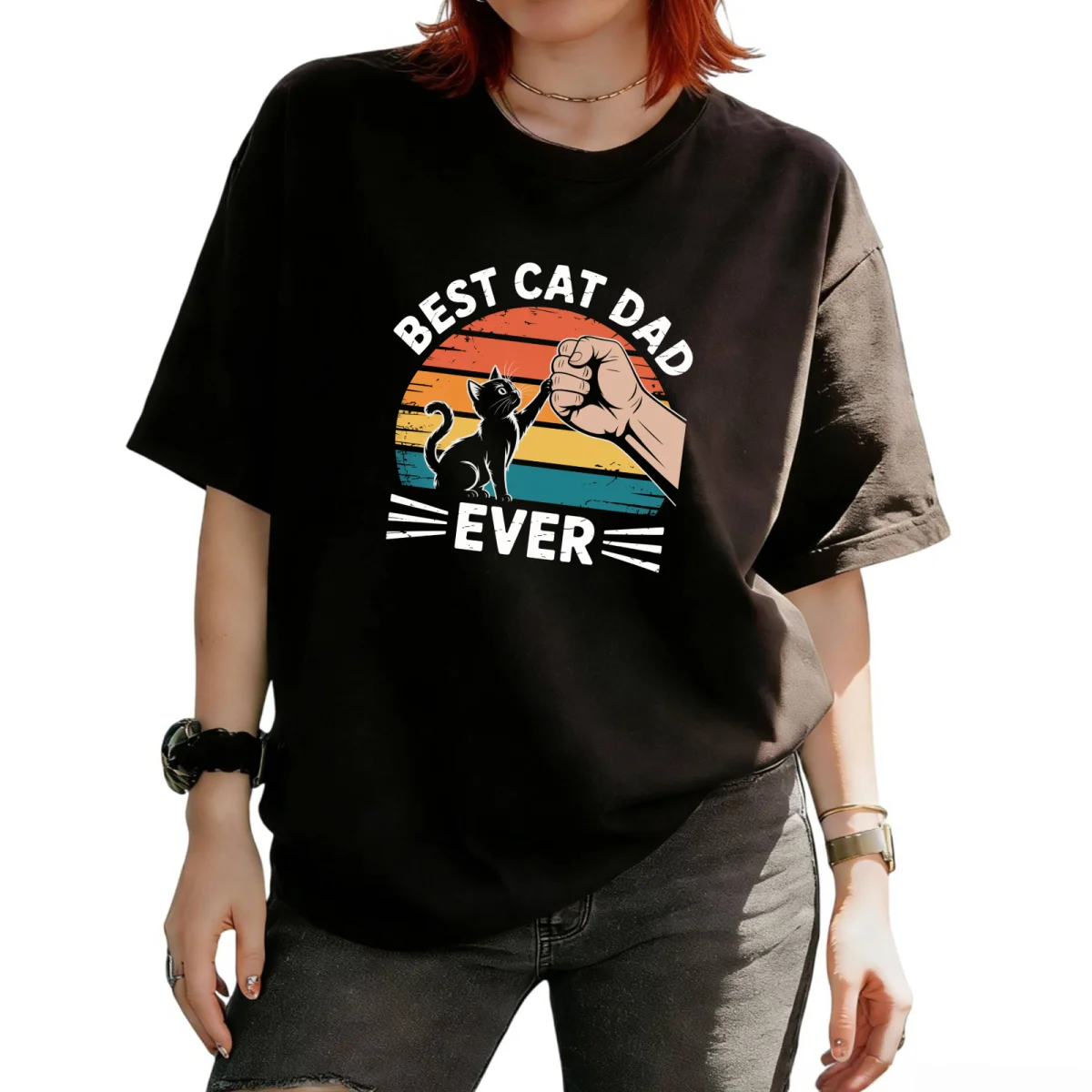 Cozymy Women's Retro Sunset Cat Fist Bump Best Cat Dad Ever Distressed ...