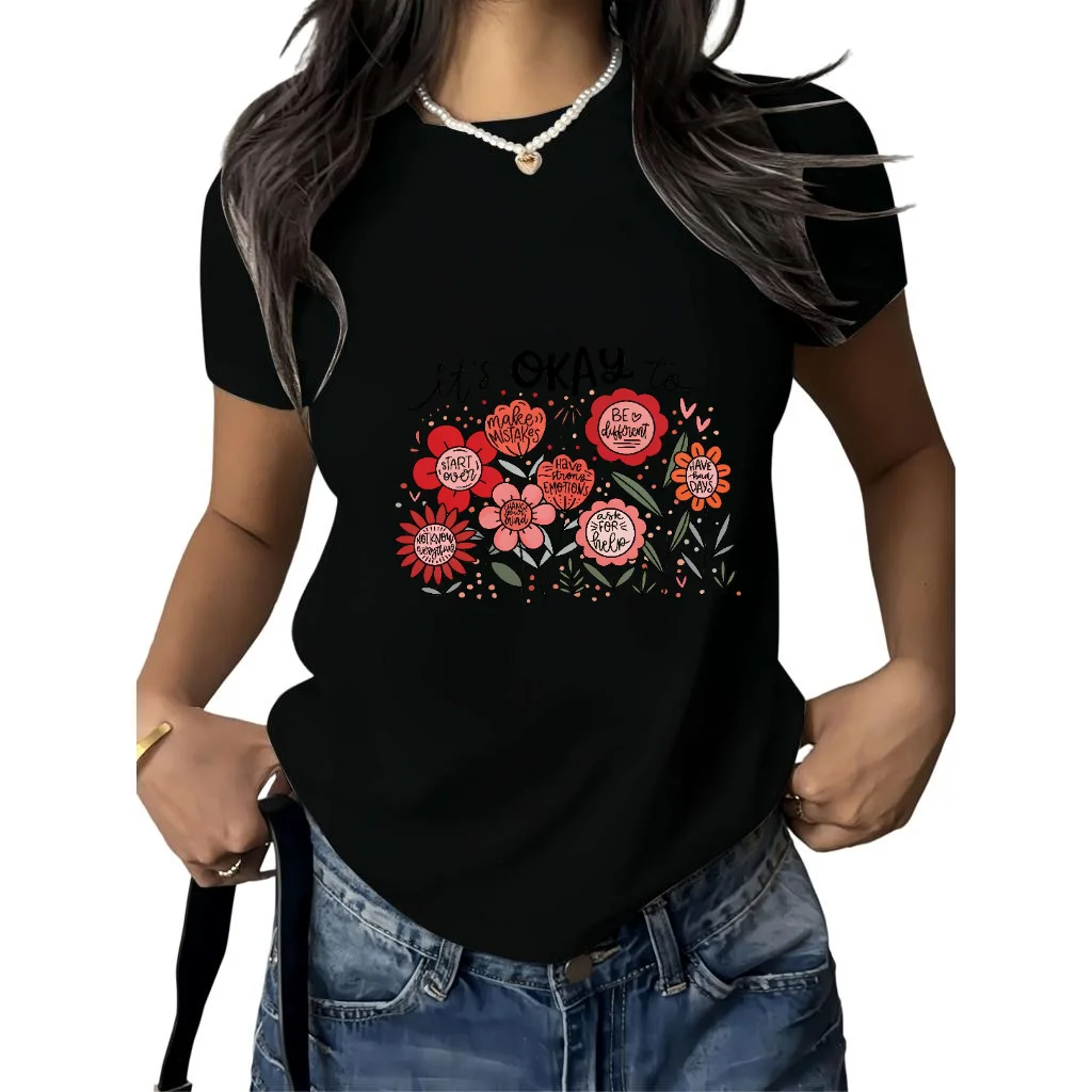 Cozymy Women's Self Love Floral Quote Graphic Short Sleeve T-Shirt ...