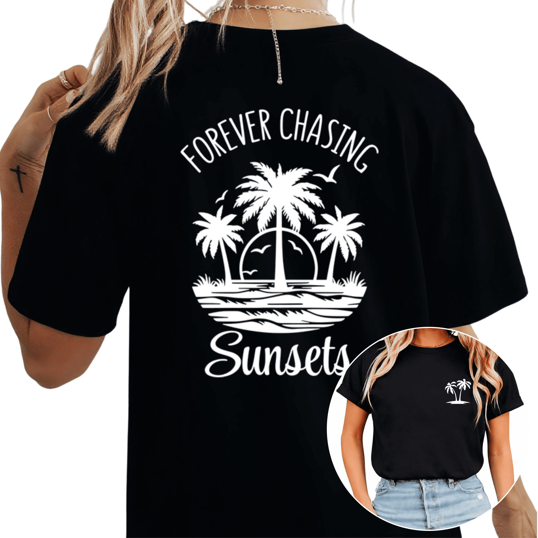 Cozymy Women's Tropical Sunset Palm Tree Front Back Print Short Sleeve ...