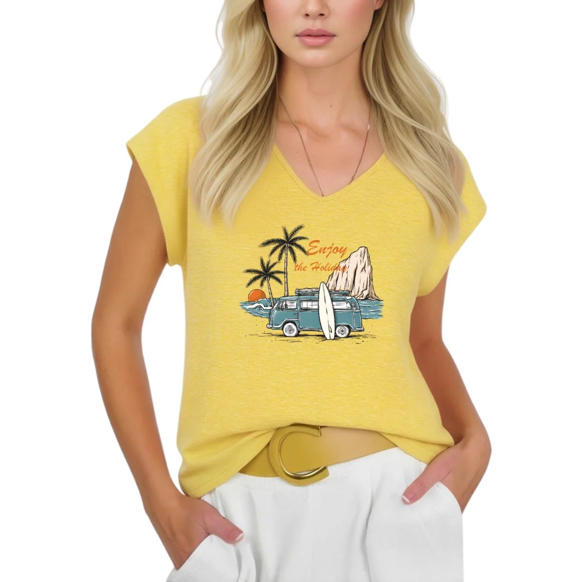 Cozymy Women's Vintage Surf Van Holiday V-Neck Sleeveless T-Shirt ...
