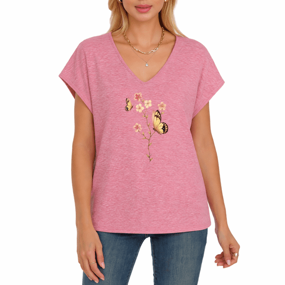 Cozymy Women's Watercolor Cherry Blossom and Butterfly Graphic V-Neck ...