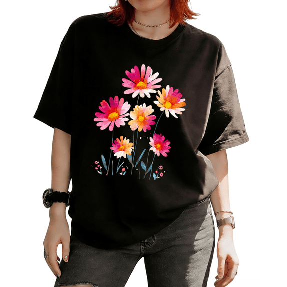 Cozymy Women's Watercolor Gradient Pink Orange Daisy Stem Leaf ...