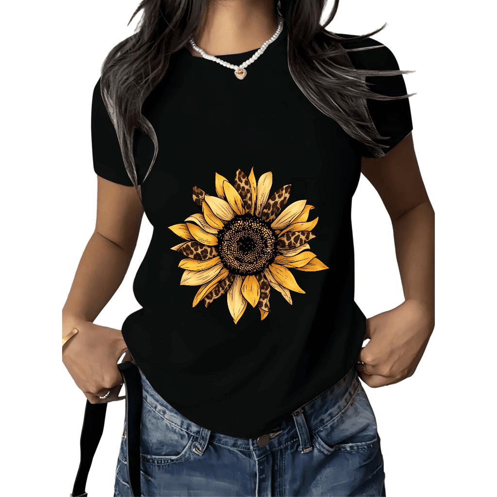 Cozymy Women's Western Leopard Sunflower Print Short Sleeve Crewneck ...