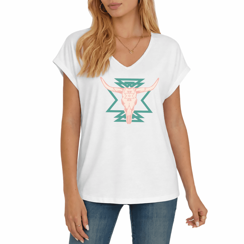 Cozymy Women's Western Longhorn Skull Graphic V-Neck Short Sleeve T ...