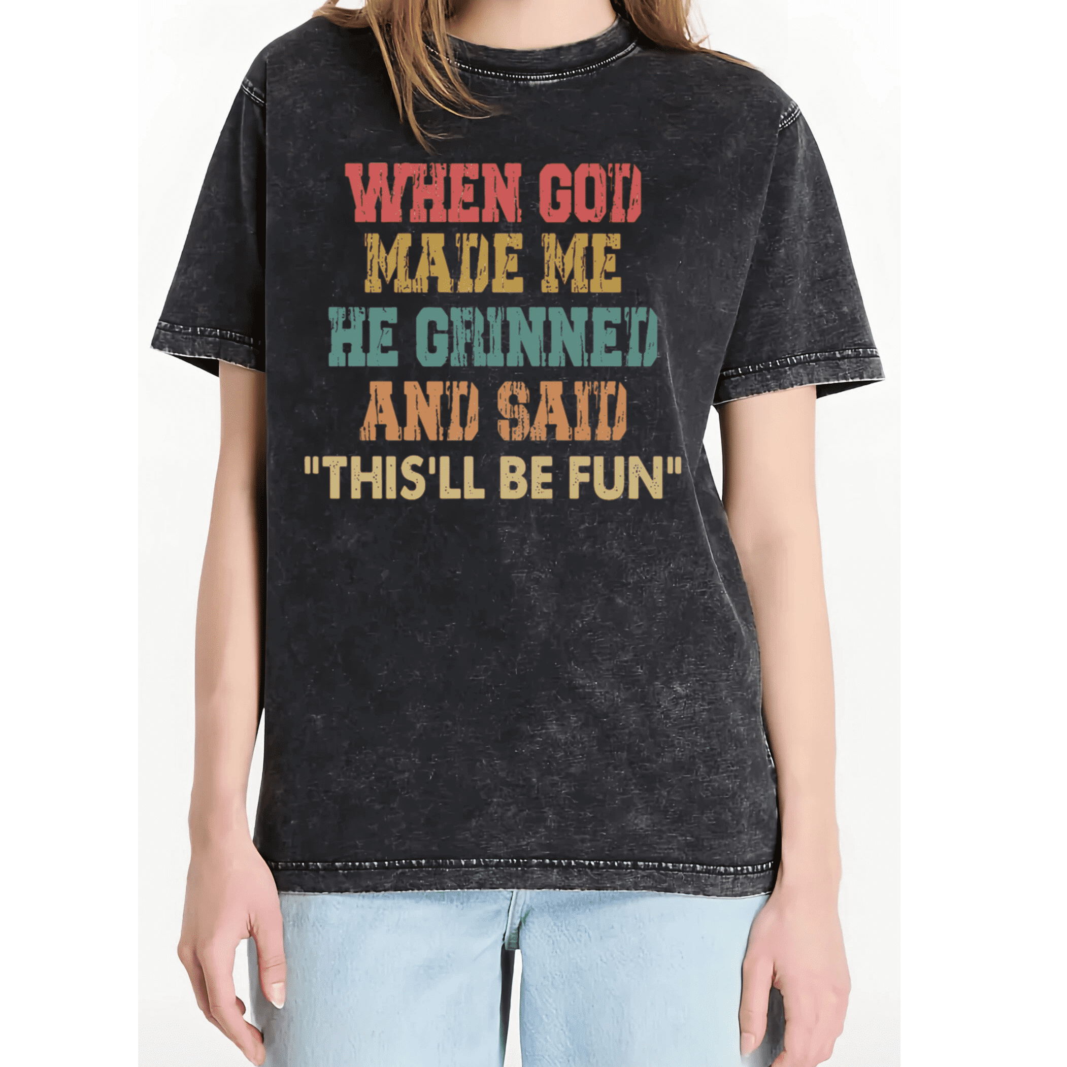 Cozymy Women's When God Made Me Retro Quote Graphic Vintage Washed ...