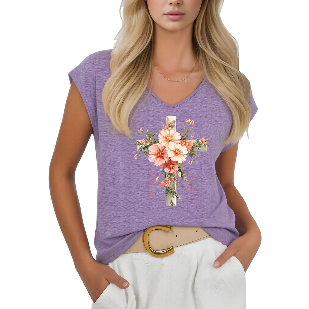 Cozymy Women's Whimsical Faith Cross Print V-Neck Sleeveless T-Shirt ...