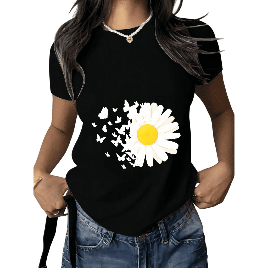 Cozymy Women's White Daisy Butterfly Print Short Sleeve Casual Crewneck ...