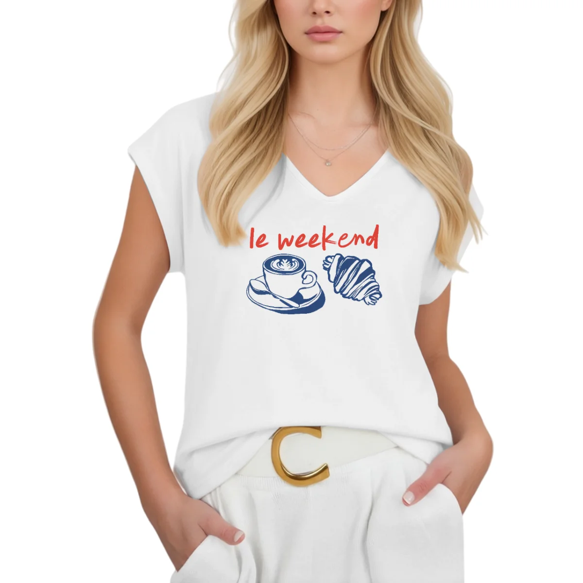 Cozymy Women's White Le Weekend Coffee Croissant V-Neck Sleeveless T ...