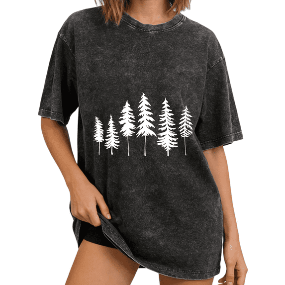Cozymy Women's White Pine Tree Silhouette Vintage Washed T-Shirt Short ...