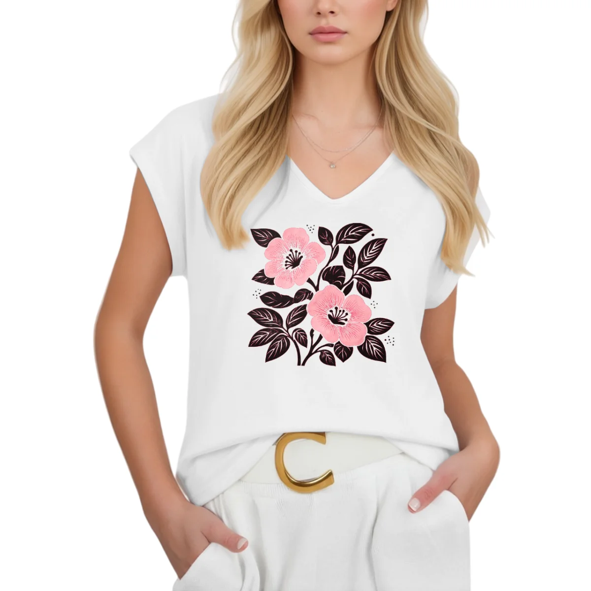 Cozymy Women's White Pink Flower Botanical Print V-Neck Sleeveless T ...