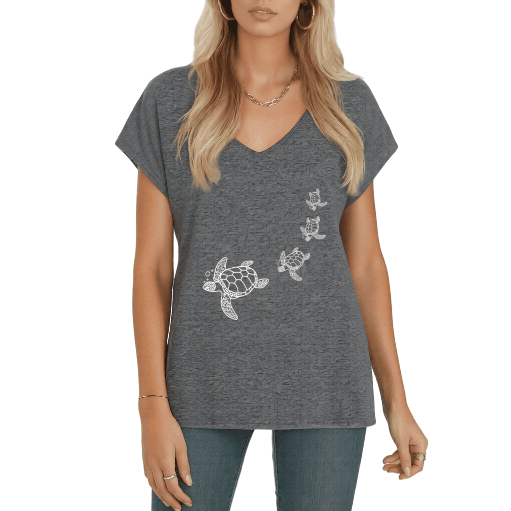 Cozymy Women's White Sea Turtle Family Graphic V-Neck Short Sleeve T ...