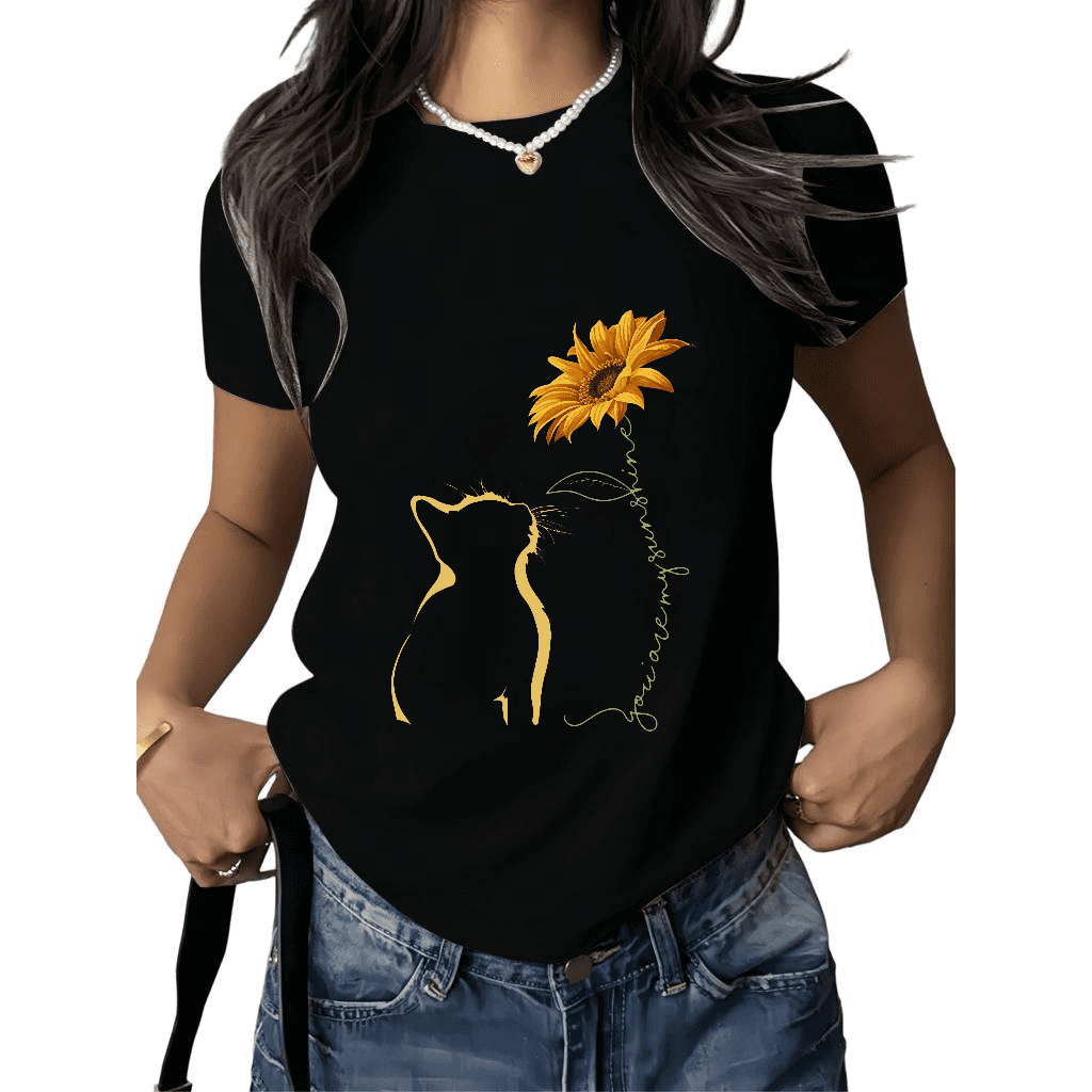 Cozymy Women's "You Are My Sunshine" Cat Sunflower Print Short Sleeve ...