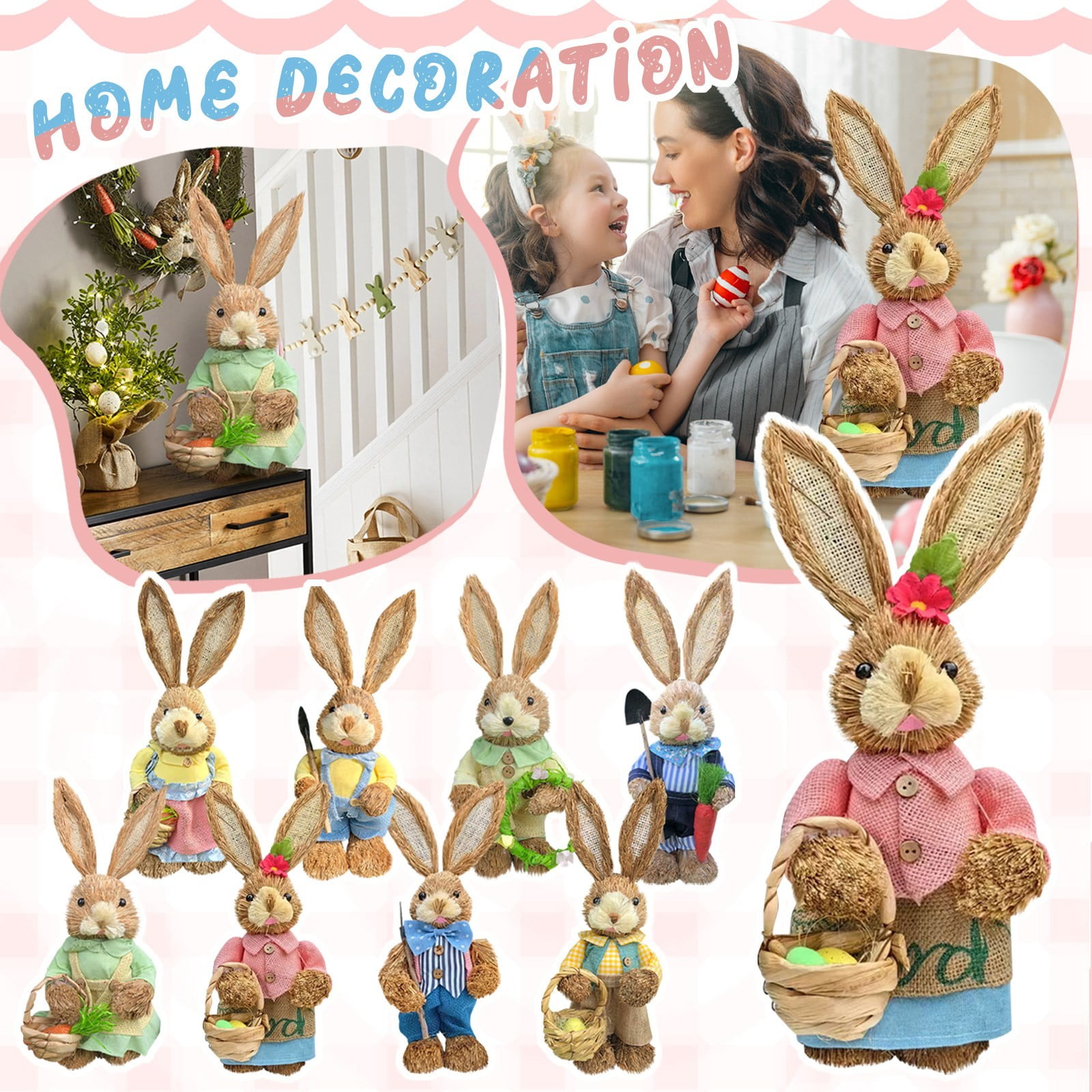 Cozyvia 13.7 inch Easter Straw Bunny Figurines, Handmade Straw Bunny ...