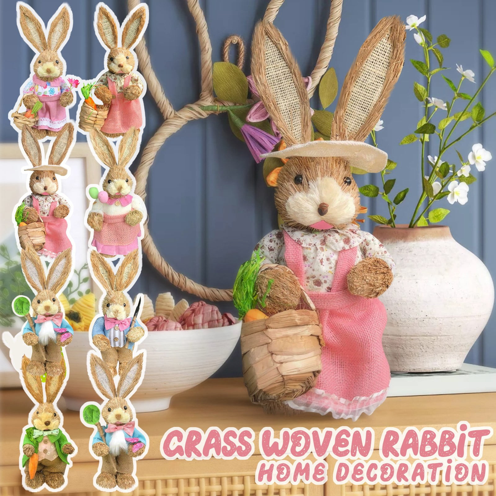 Cozyvia 13.7 inch Easter Straw Bunny Figurines, Handmade Straw Bunny ...