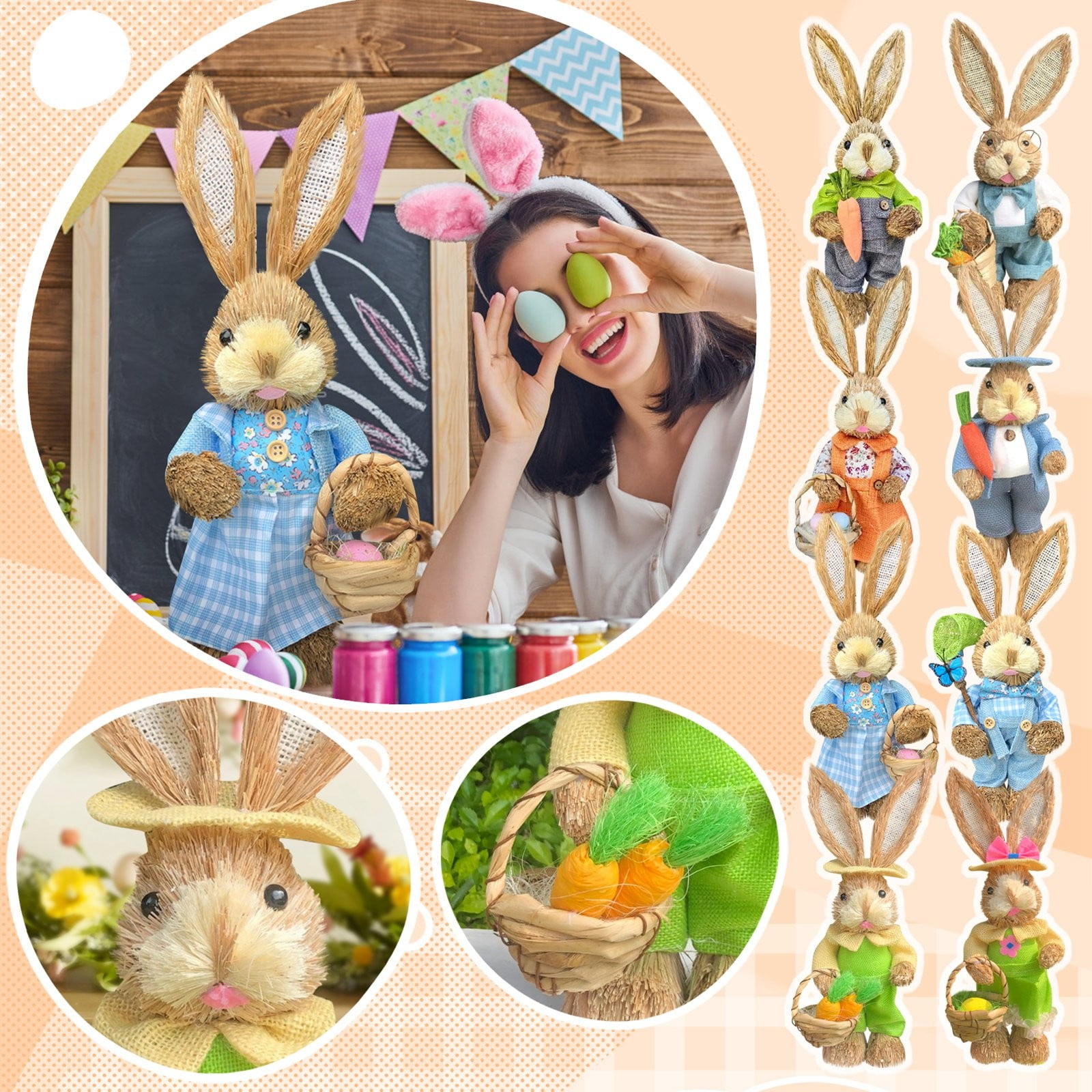 Cozyvia 13.7 inch Easter Straw Bunny Figurines, Handmade Straw Bunny ...