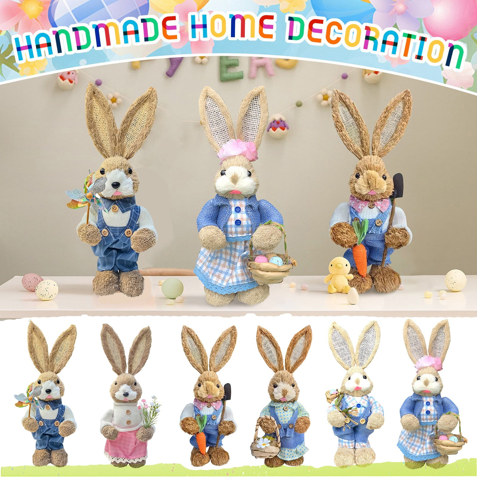 Cozyvia 13.7 inch Easter Straw Bunny Figurines, Handmade Straw Bunny ...
