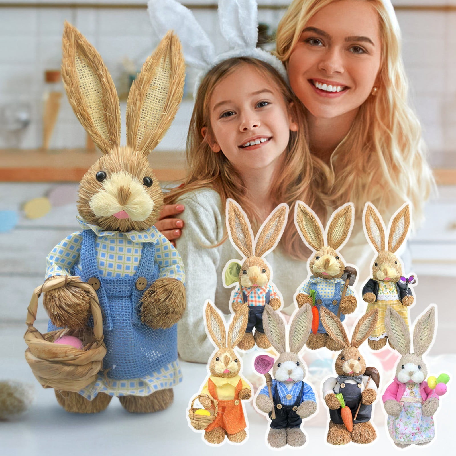 Cozyvia 13.7 inch Easter Straw Bunny Figurines, Handmade Straw Bunny ...