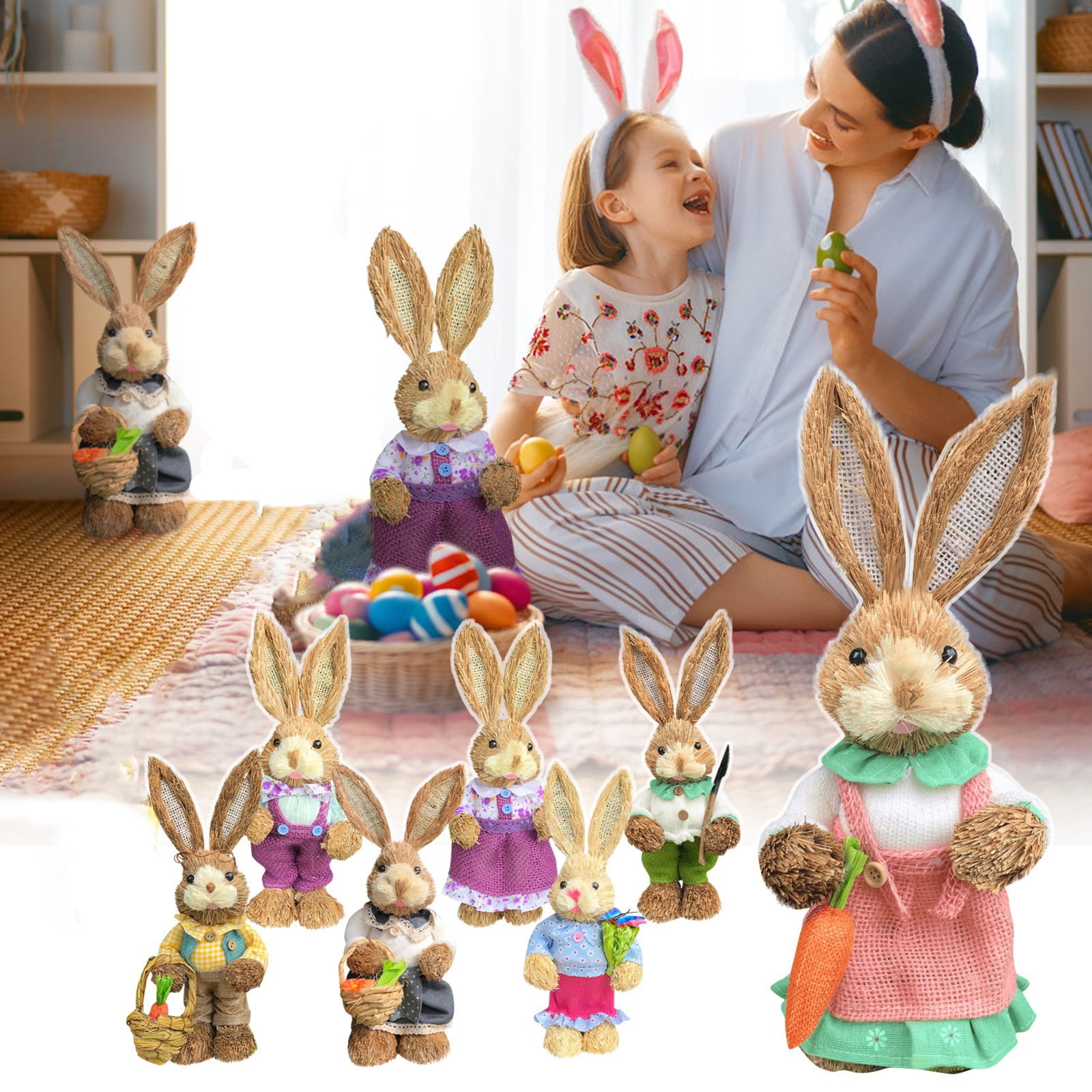 Cozyvia 13.7 inch Easter Straw Bunny Figurines, Handmade Straw Bunny ...
