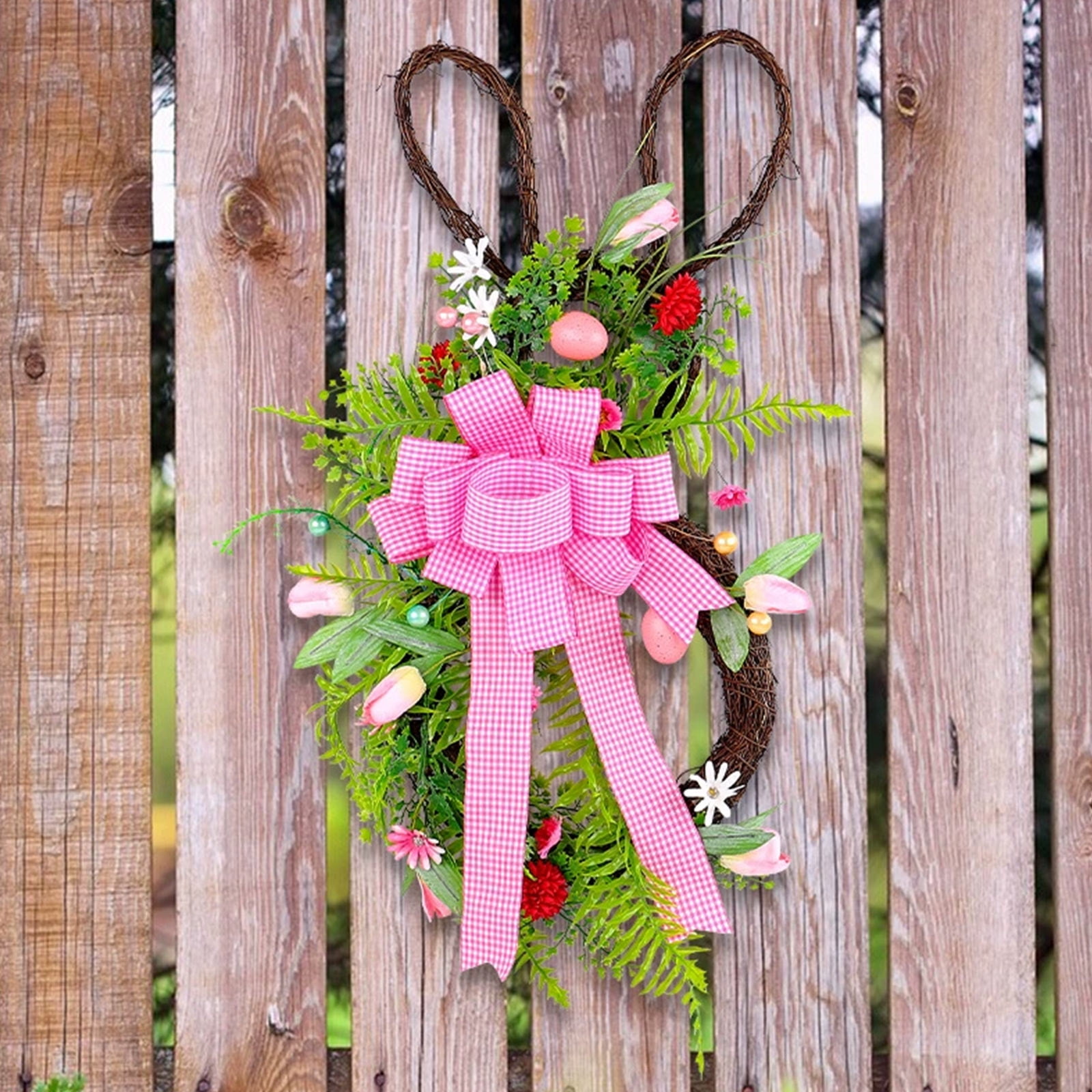 Cozyvia 22.3 inch Easter Bunny Twig Wreath 2025 Pink Check Bow Faux ...
