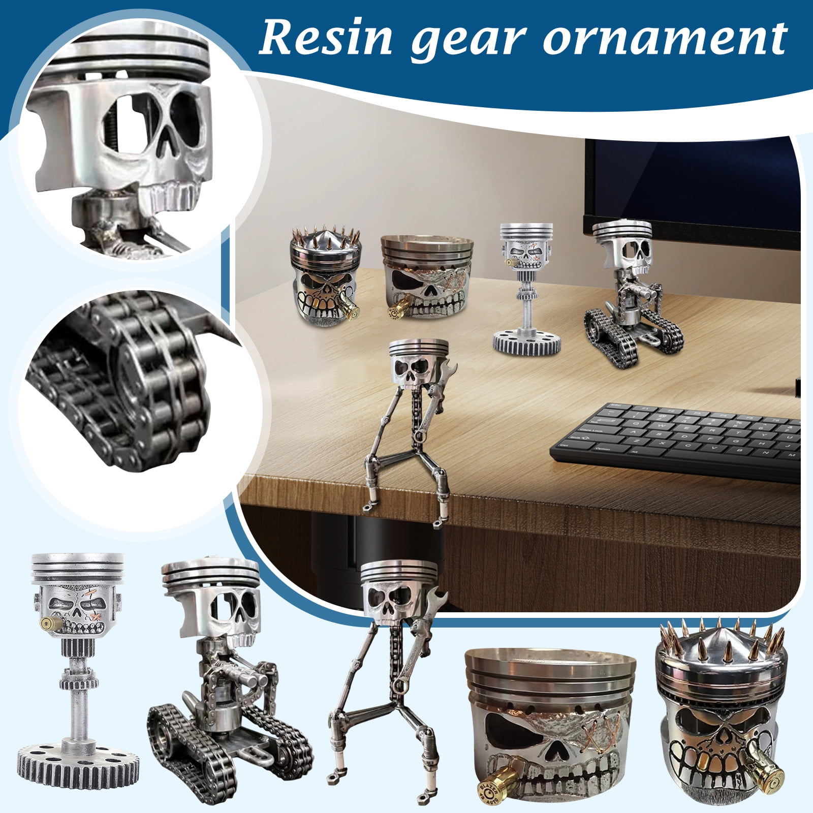 Cozyvia Carved Piston Skull Face Sculpture Skull Face Art Statue Resin ...