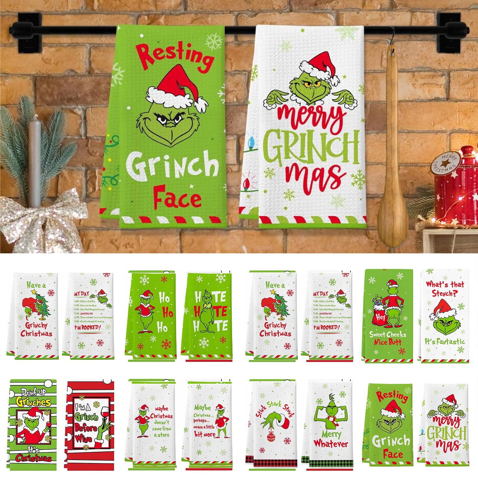 Cozyvia Christmas Grinch Kitchen towels, Grinch Bathroom Hand towels ...