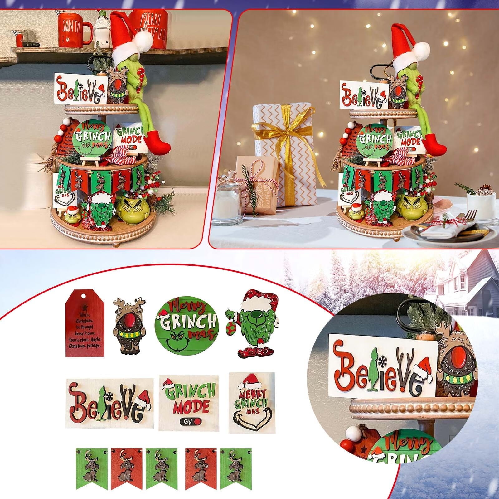 Cozyvia Grinch Christmas Layered Tray Decor Set, Whimsical Cartoon ...