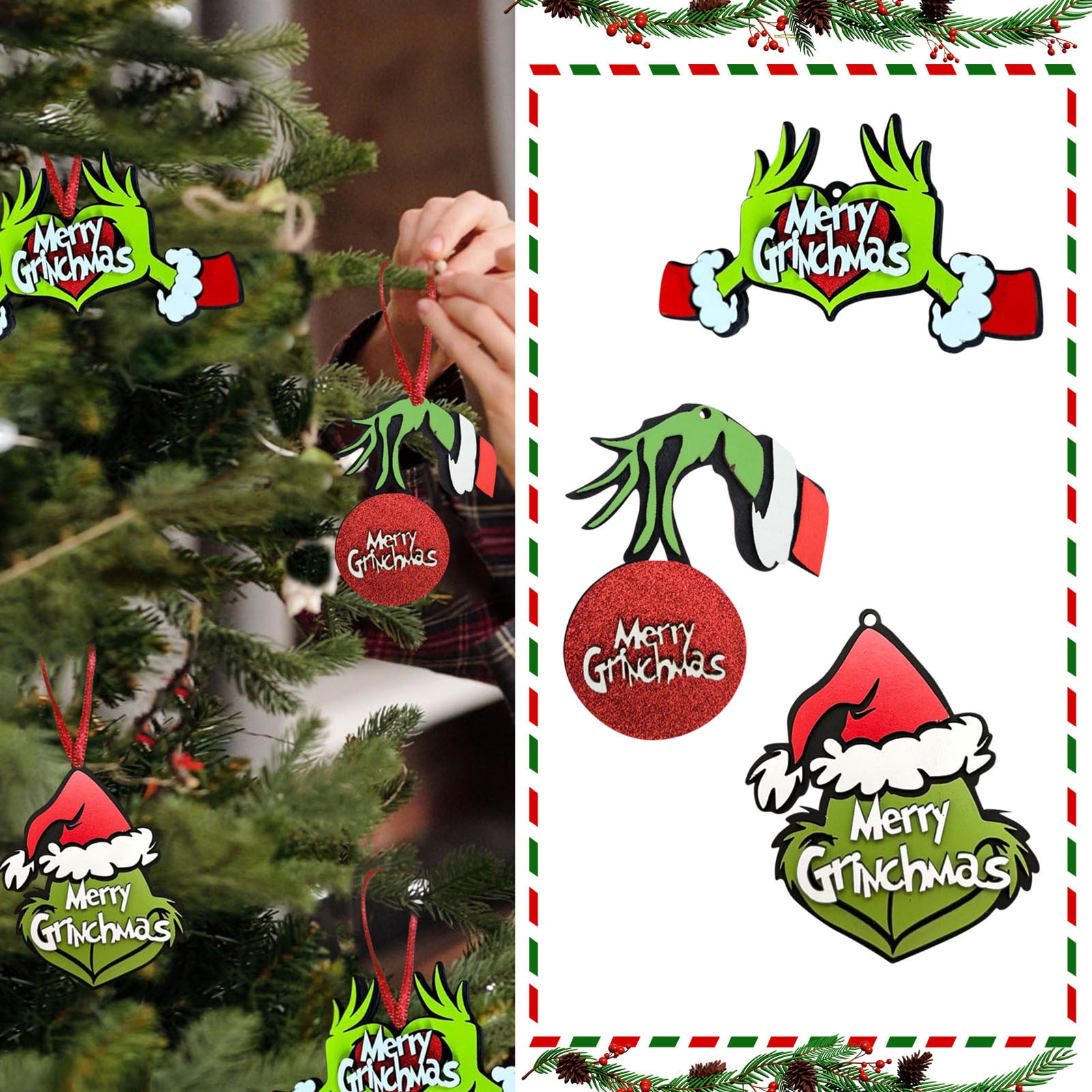 Cozyvia Grinch Christmas Round Wooden Hanging Front Door Decor Sign ...