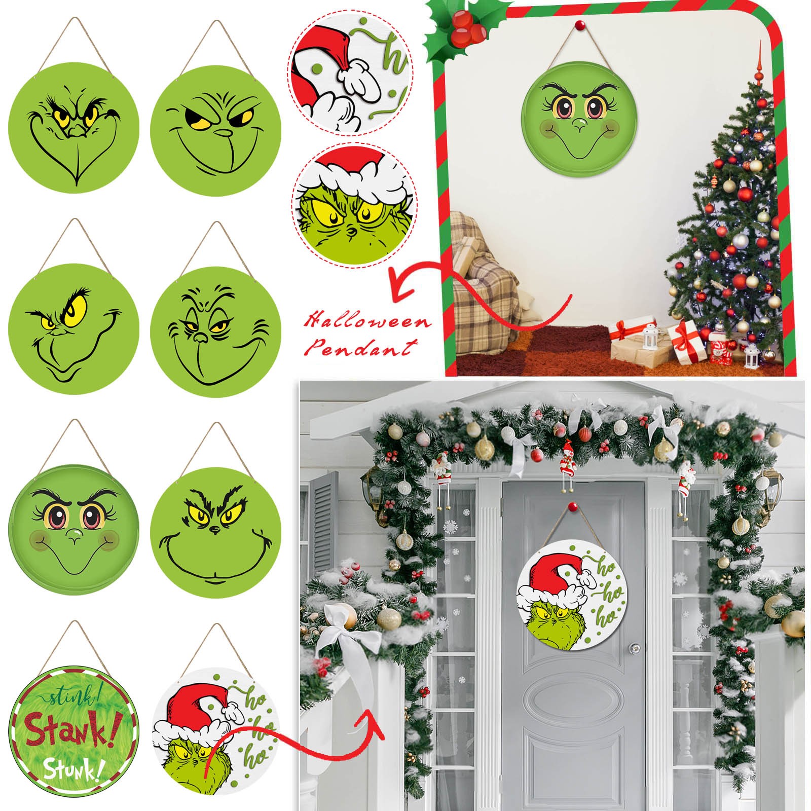 Cozyvia Grinch Christmas Round Wooden Hanging Front Door Decor Sign ...