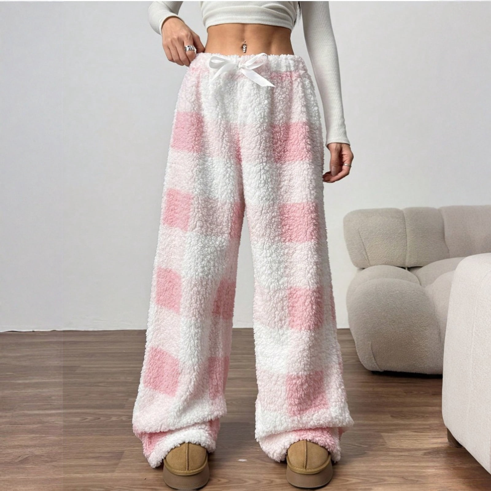 Cozyvia Women's Fuzzy Pajama Pants Plush Elastic Waist Wide Leg Pants ...