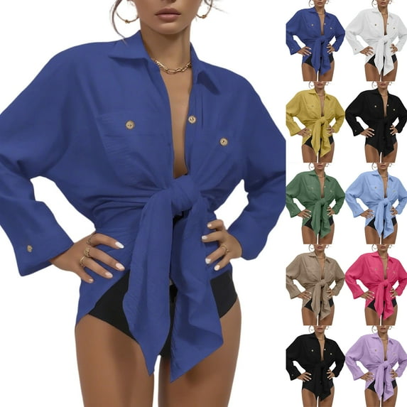 Cozyvia Women's Modern Swimsuit Cover Up Blouse, Solid Color Cotton ...