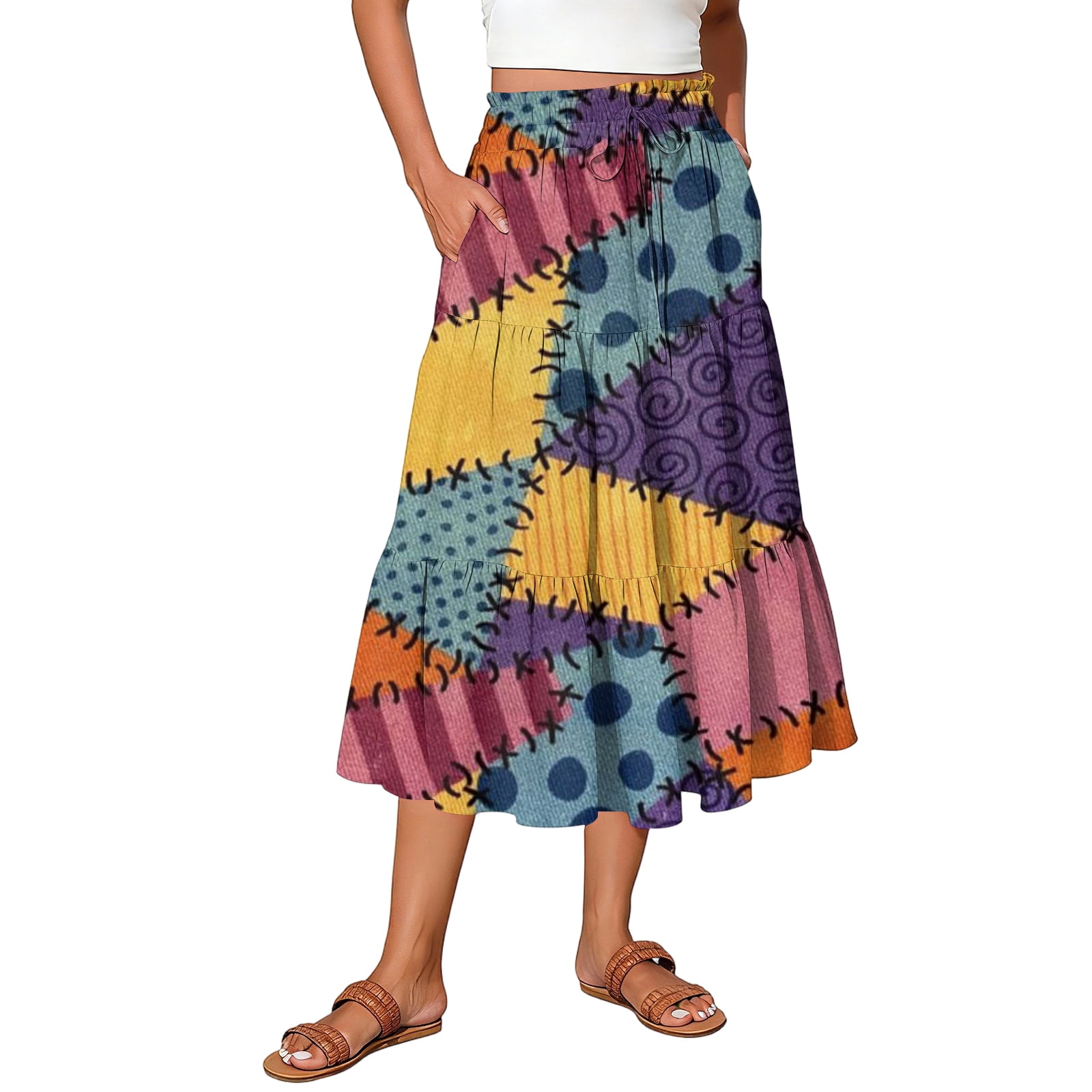 Cozyvia Women's Plaid Patchwork Skirt Full Length Checkered Boho Maxi ...