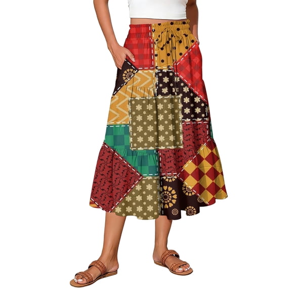 Cozyvia Women's Plaid Patchwork Skirt Full Length Checkered Boho Maxi ...